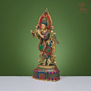 Buy Krishna Statue in Brass With Stonework, 34CM Big Large Size Krishna ...