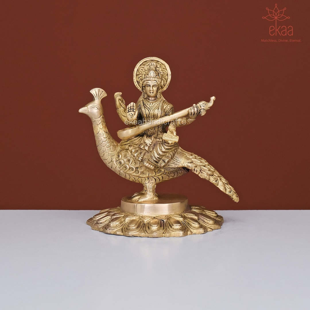 Goddess Saraswati 7 Inch on Peacock With Veena, Brass Saraswati Maa ...