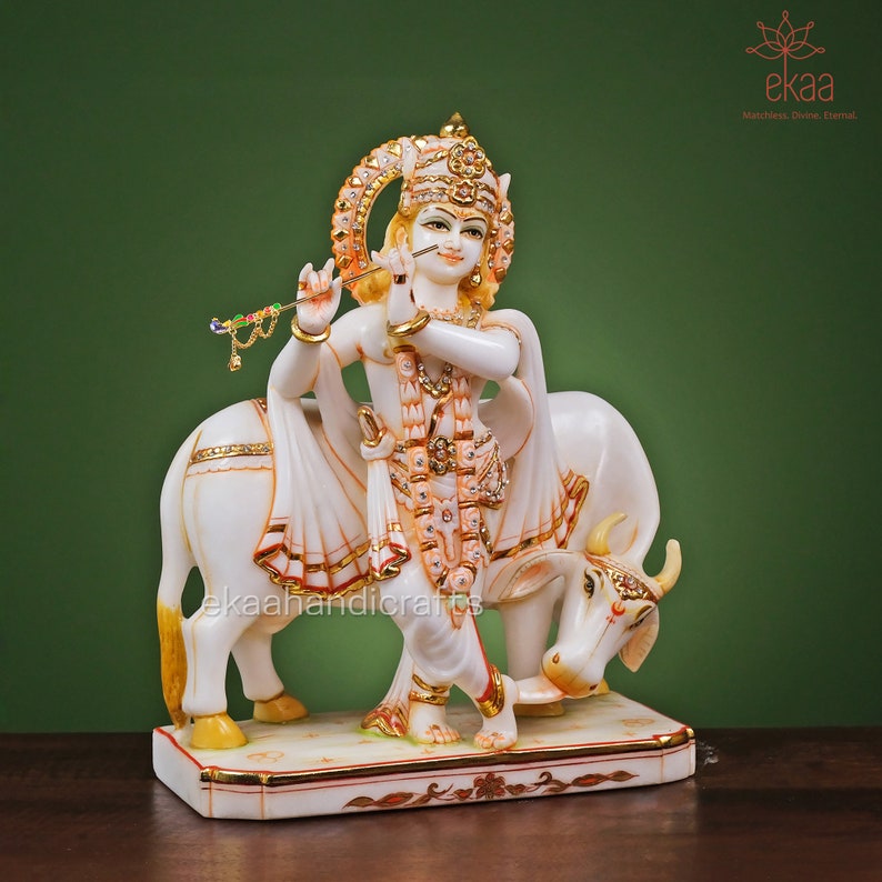 Krishna With Cow Statue in Marble 38CM Large Size Cow Krishna | Etsy