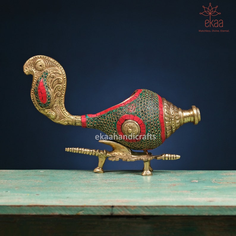 Brass Shankh With Beautiful Mosaic Stonework, Brass Conch Shell With ...