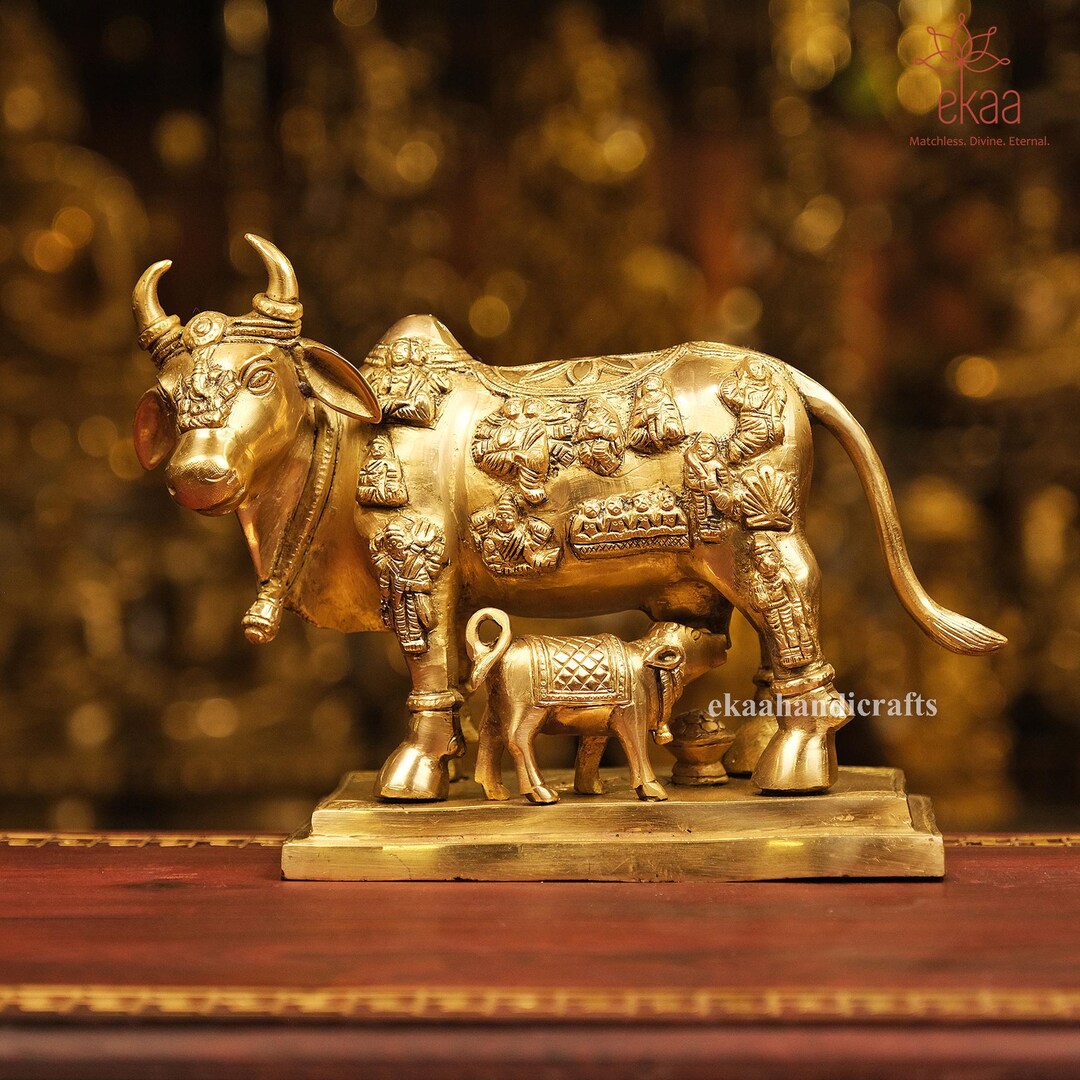 19CM Brass Cow With Calf Showpiece, Holy Cow Idol, Showpiece for Home ...
