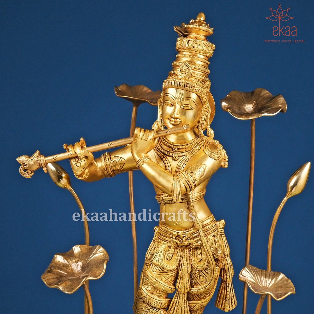 Lord Krishna Statue With Lotus, 63CM Big Large Krishna in Brass, Lord ...