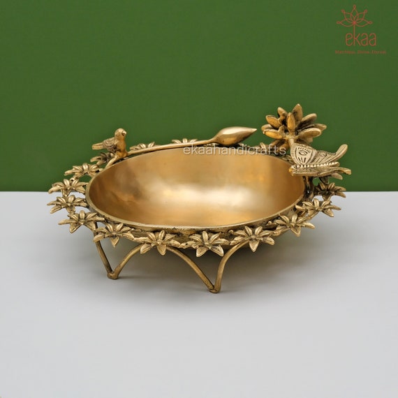 Brass Flower Birds Urli Centre Table Decor Brass Showpiece for Corner Table Urli Decor Urli Bowl With Stand Flower Lamp Etsy
