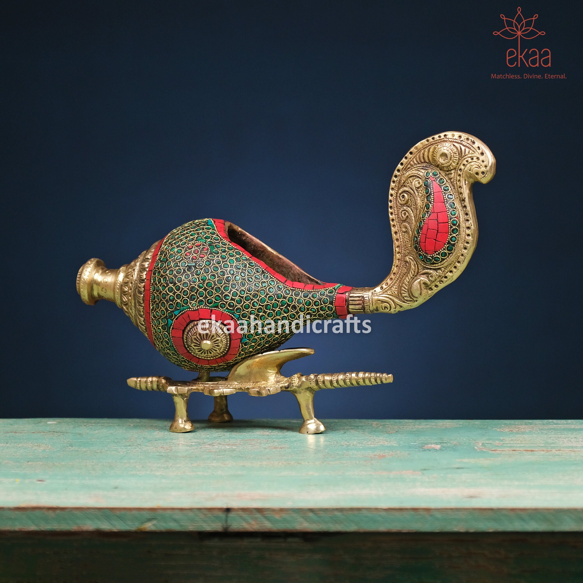 Brass Shankh With Beautiful Mosaic Stonework, Brass Conch Shell With ...