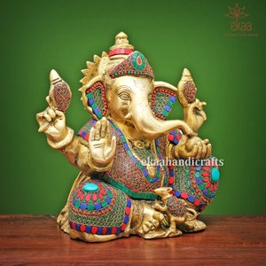 Lord Ganesha Statue Brass, Ganesha With Stonework on Singhasan for ...