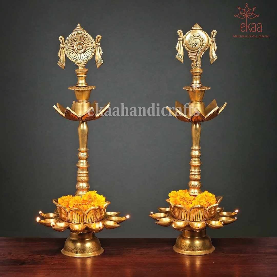 Brass Shankh Chakra Diya Lamp, Big Size 38 CM Home Temple Diya ...