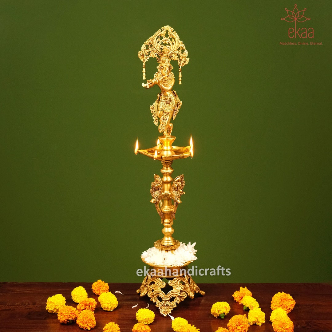 Brass Krishna Diya, 70cm Big Large Home Temple Diya, Handmade Oil Lamp ...