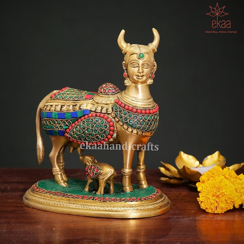 Brass Kamdhenu Cow With Calf Statue Stonework, 23CM Holy Cow Idol ...
