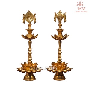Brass Shankh Chakra Diya Lamp, Big Size 38 CM Home Temple Diya ...