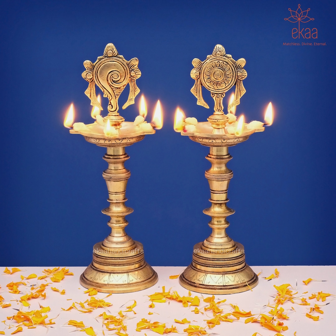 Brass Shankh Chakra Diya Lamp 12 Inch | Handmade Vishnu Brass Lamp for ...