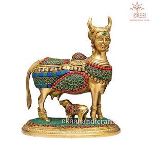 Brass Kamdhenu Cow With Calf Statue Stonework, 23CM Holy Cow Idol ...