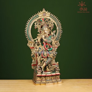 Krishna Statue in Brass With Stonework, 81CM Big Large Size Krishna ...