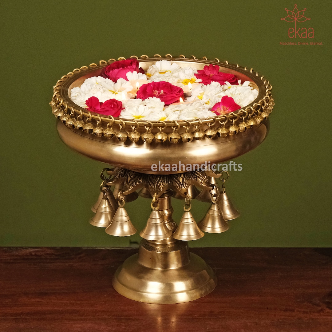 Urli Bowl With Stand in Brass, Traditional Bowl With Ghungroo Bells ...