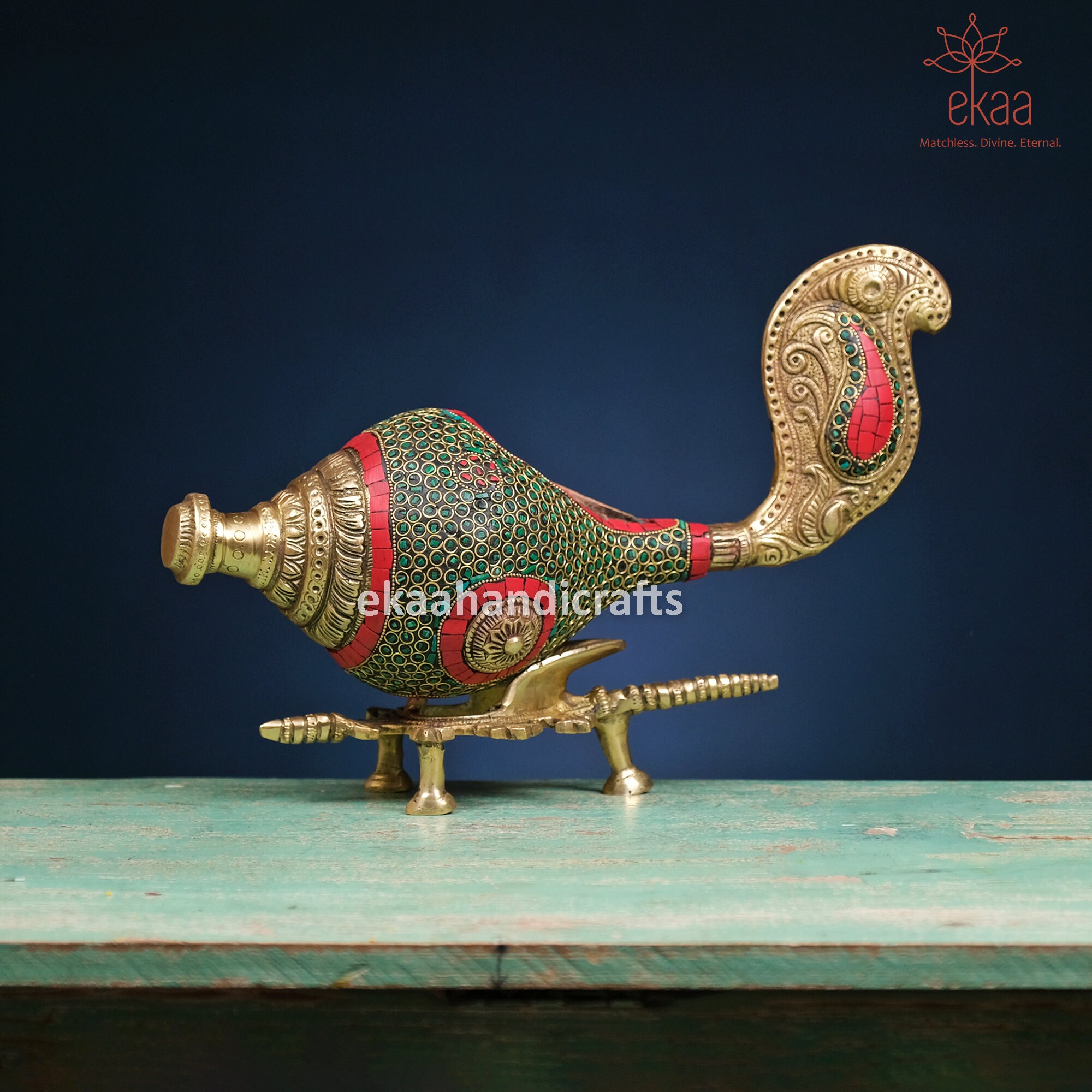 Brass Shankh With Beautiful Mosaic Stonework, Brass Conch Shell With ...