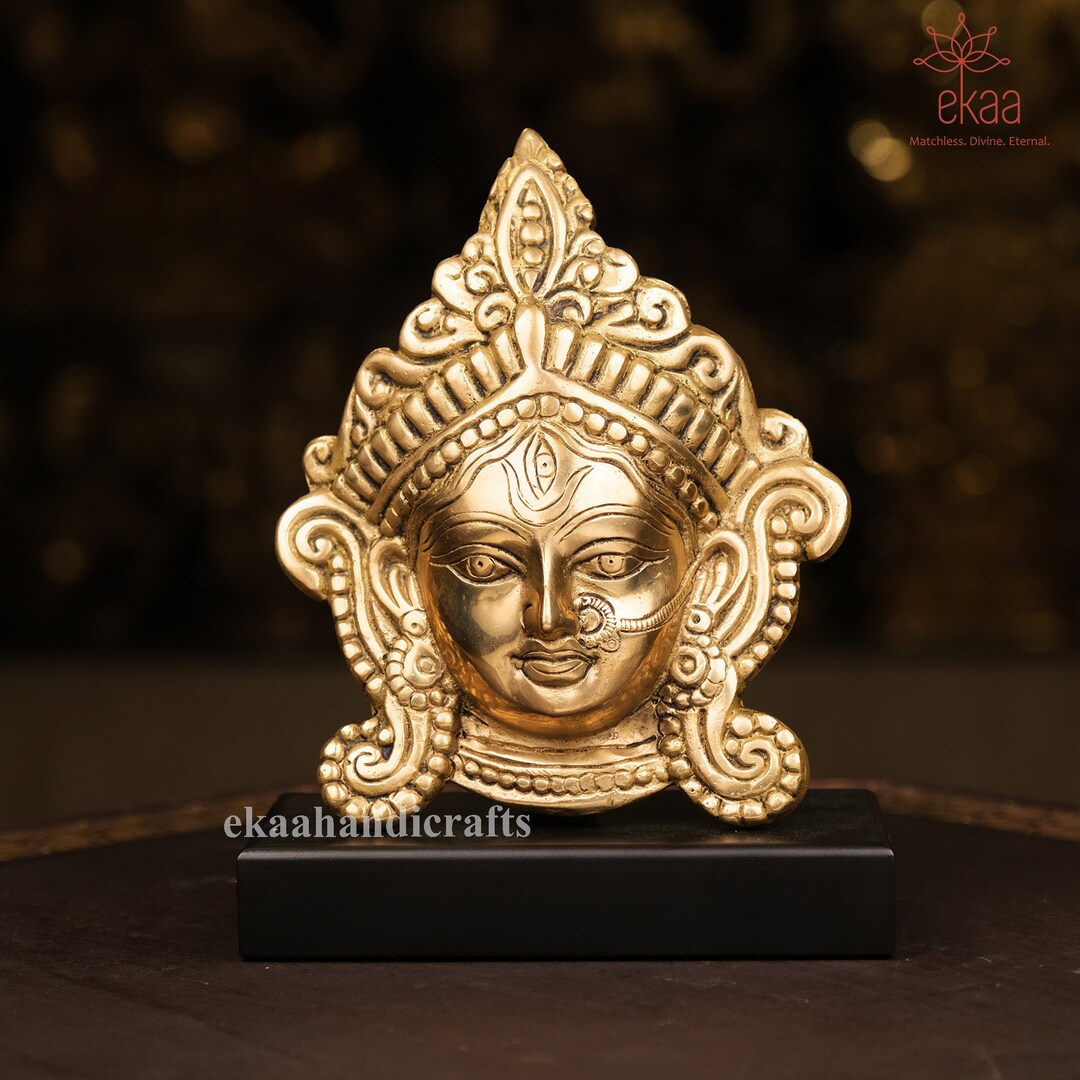 Maa Durga Face Mask Statue With Wooden Base, 8" Inch Brass Goddess ...