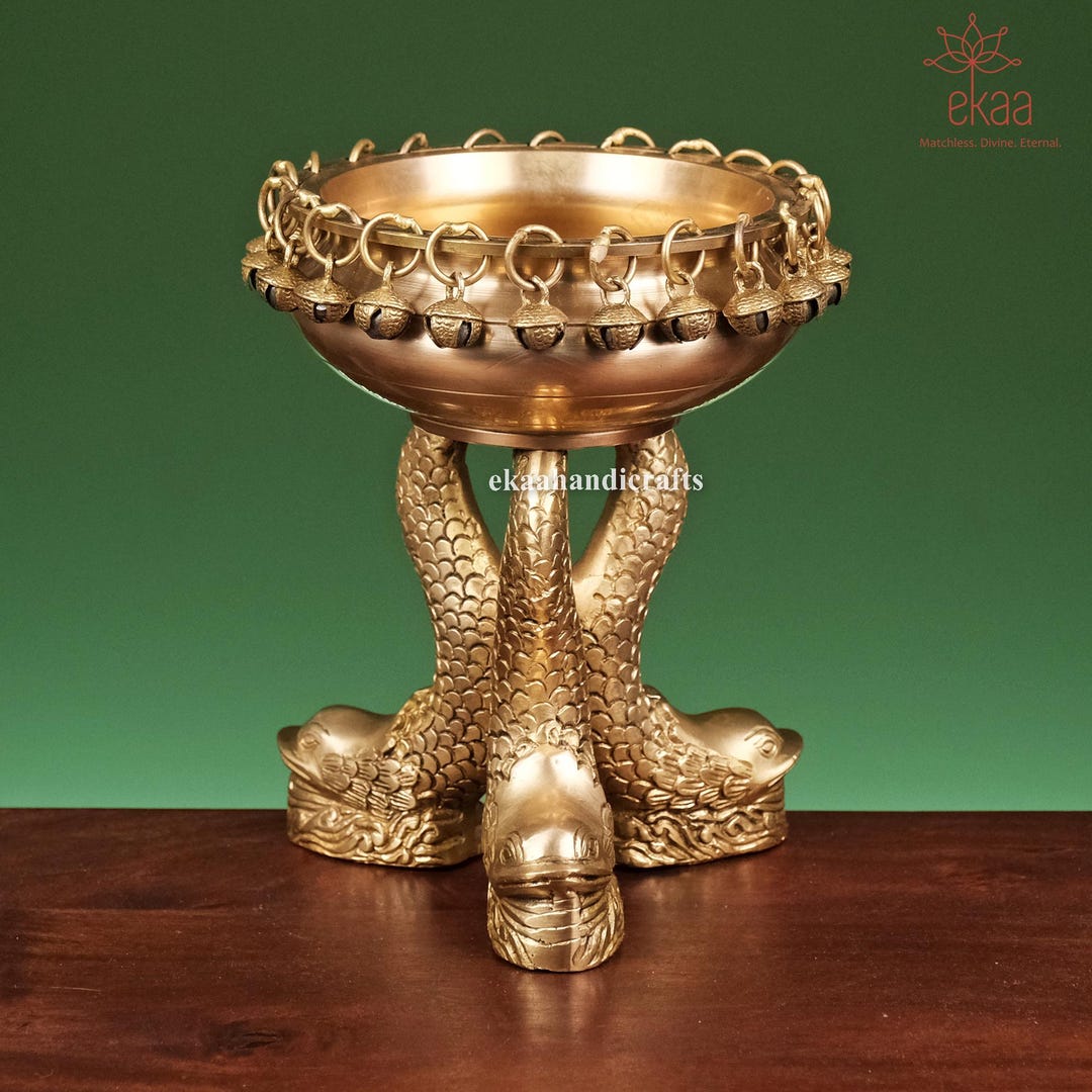8" Brass Urli Traditional Bowl With Fish Legs, Brass Statue for Corner ...