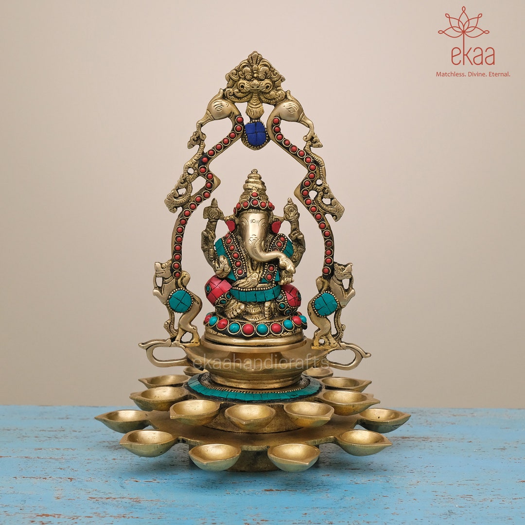 Ganesh Arch 21 Diya, Big Lord Ganesha Lamp in Brass With Stonework ...