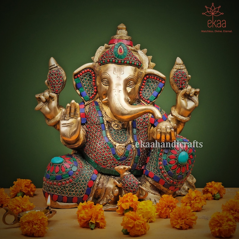 Lord Ganesha Statue Brass Ganesha With Stonework on Singhasan | Etsy