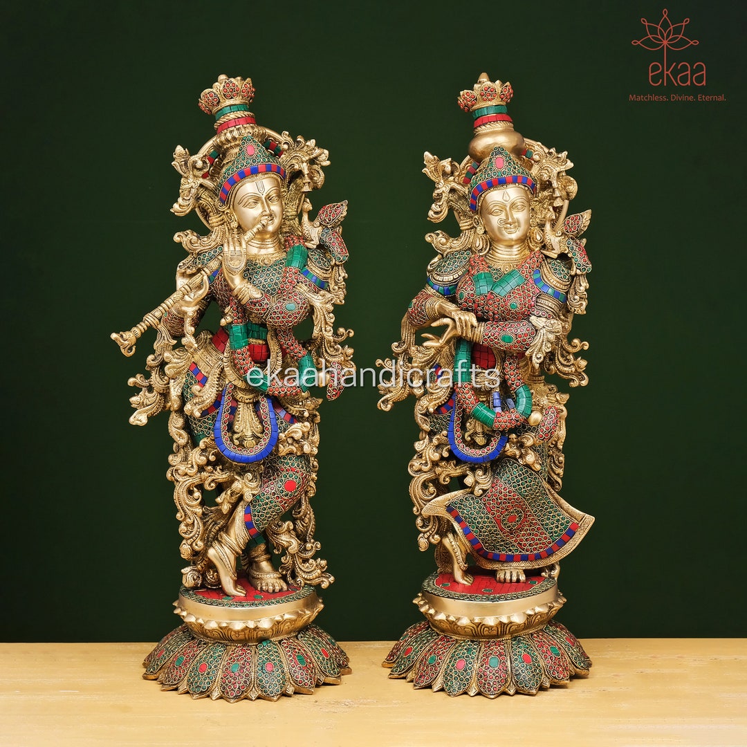 66CM Radha Krishna Brass Statue With Stonework | Hindu Divine Couple ...