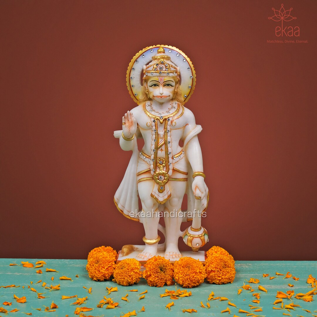 Lord Hanuman Statue in Marble, 30CM Blessing Hanuman Idol, Monkey Head ...