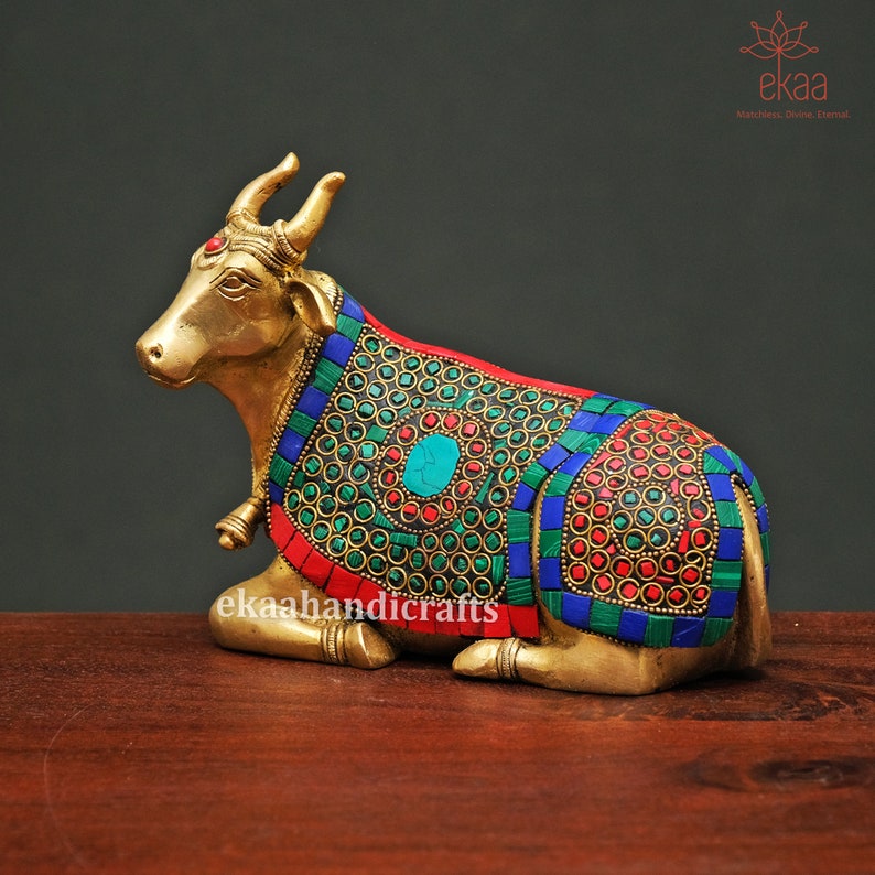 Brass Nandi Statue With Stonework, Indian Home Decor Sculpture, Hindu ...