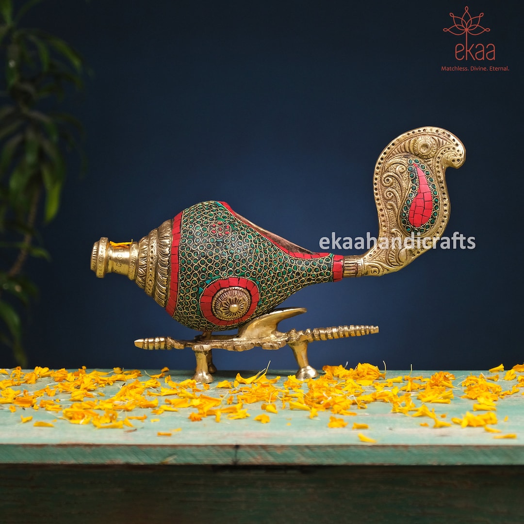Brass Shankh With Beautiful Mosaic Stonework, Brass Conch Shell With ...