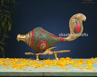 Brass Conch Shell With Beautiful Mosaic Stonework, Brass Shankh With ...