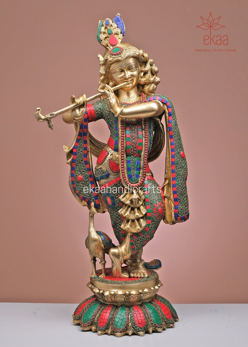 Krishna Statue in Brass Playing Flute, 67CM Big Large Size Krishna ...