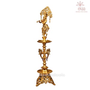 Brass Krishna Diya, 70cm Big Large Home Temple Diya, Handmade Oil Lamp Dia, Indian Handcrafted ...