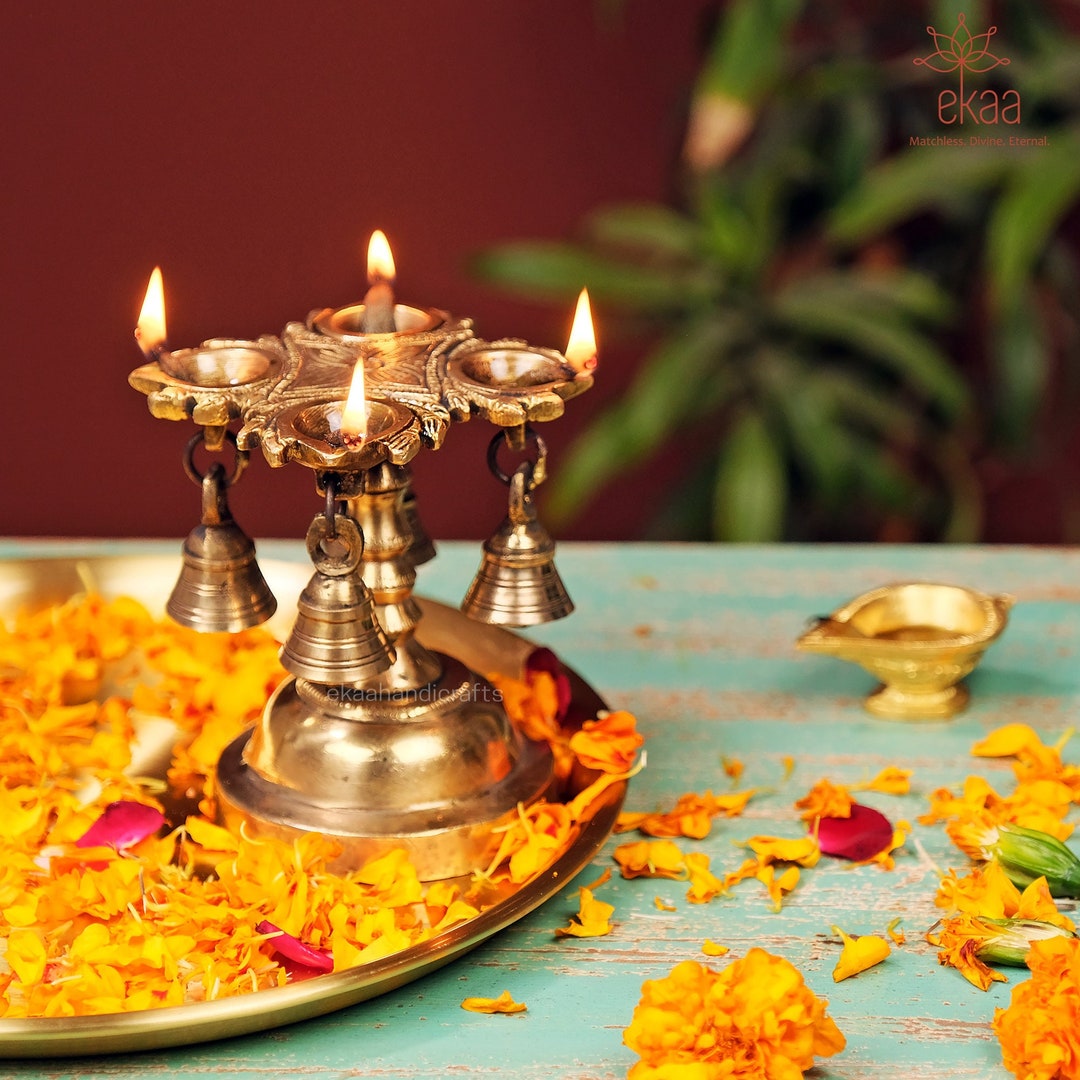 Brass Bell Diya for Home Temple, Oil Wick Diya, Indian Handcrafted ...