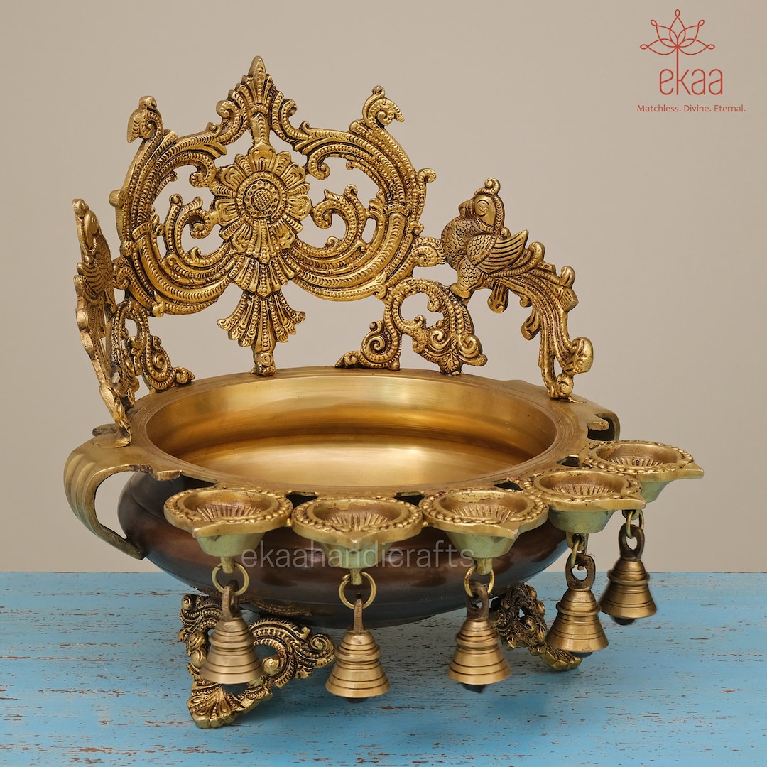 Brass Urli With Peacock Diya and Bell Decorative With Stonework, 31 Cm ...
