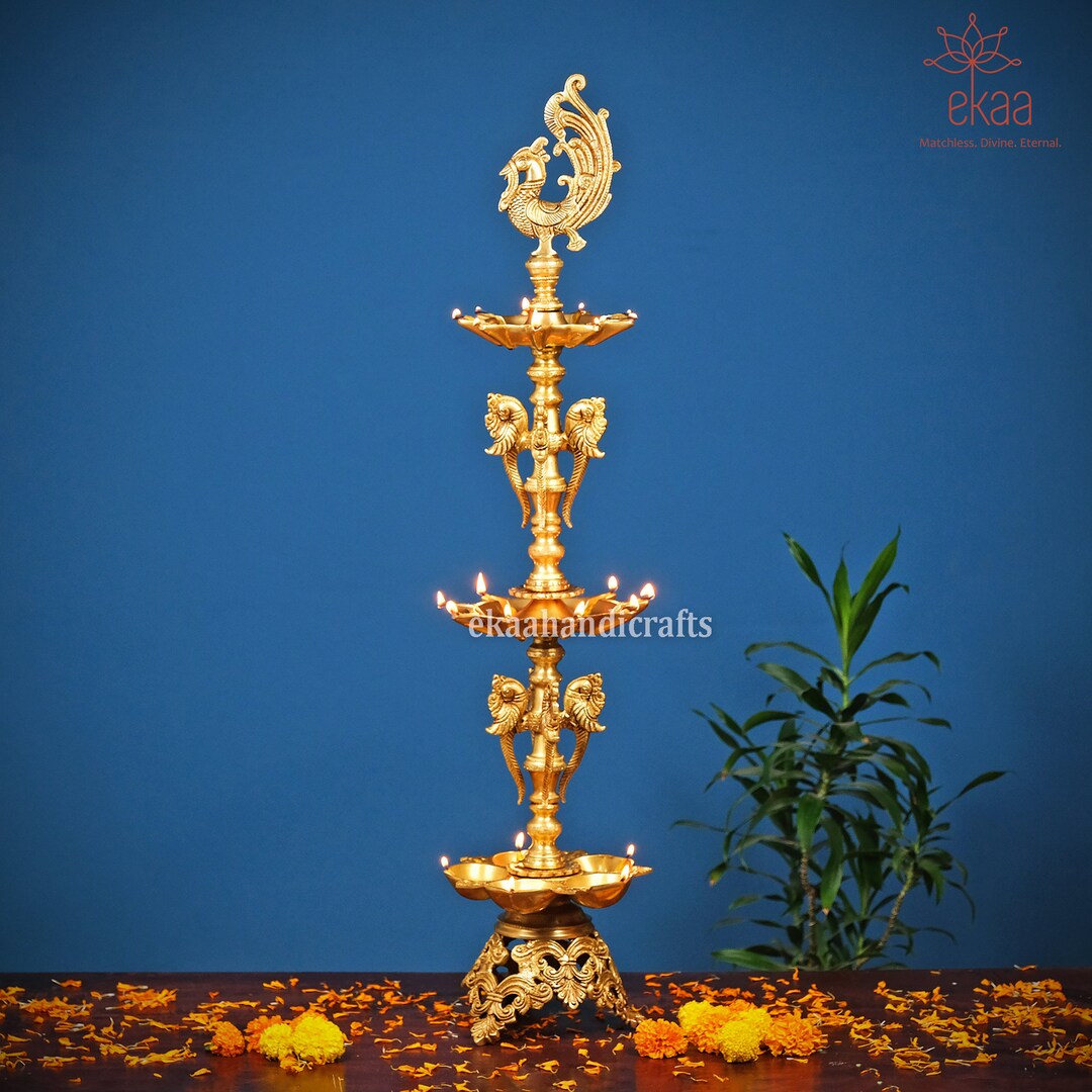 Brass Peacock Diya Stand, 84cm Big Large Annam Home Temple Diya ...