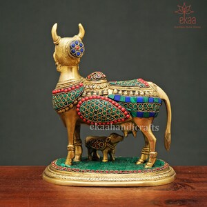 Brass Kamdhenu Cow With Calf Statue Stonework, 23CM Holy Cow Idol ...