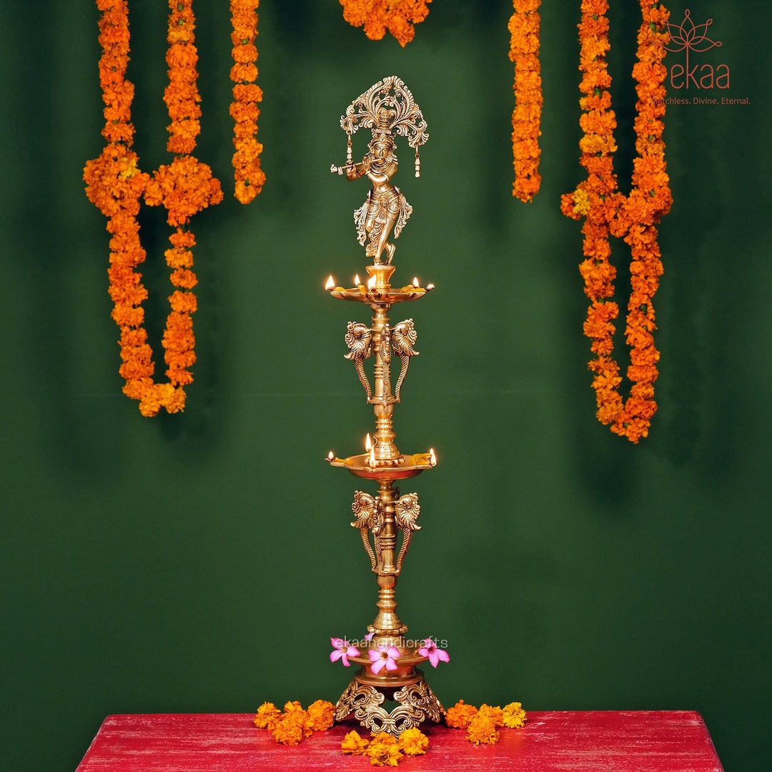 Brass Krishna Diya, 94cm Big Large Home Temple Diya, Handmade Oil Lamp ...