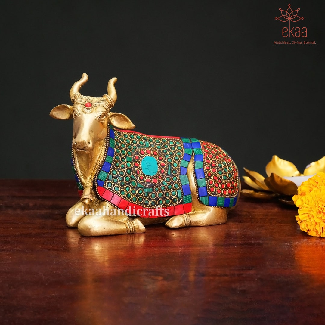 Brass Nandi Statue With Stonework, Indian Home Decor Sculpture, Hindu ...