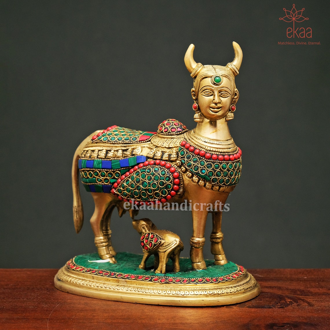 Brass Kamdhenu Cow With Calf Statue Stonework, 23CM Holy Cow Idol ...