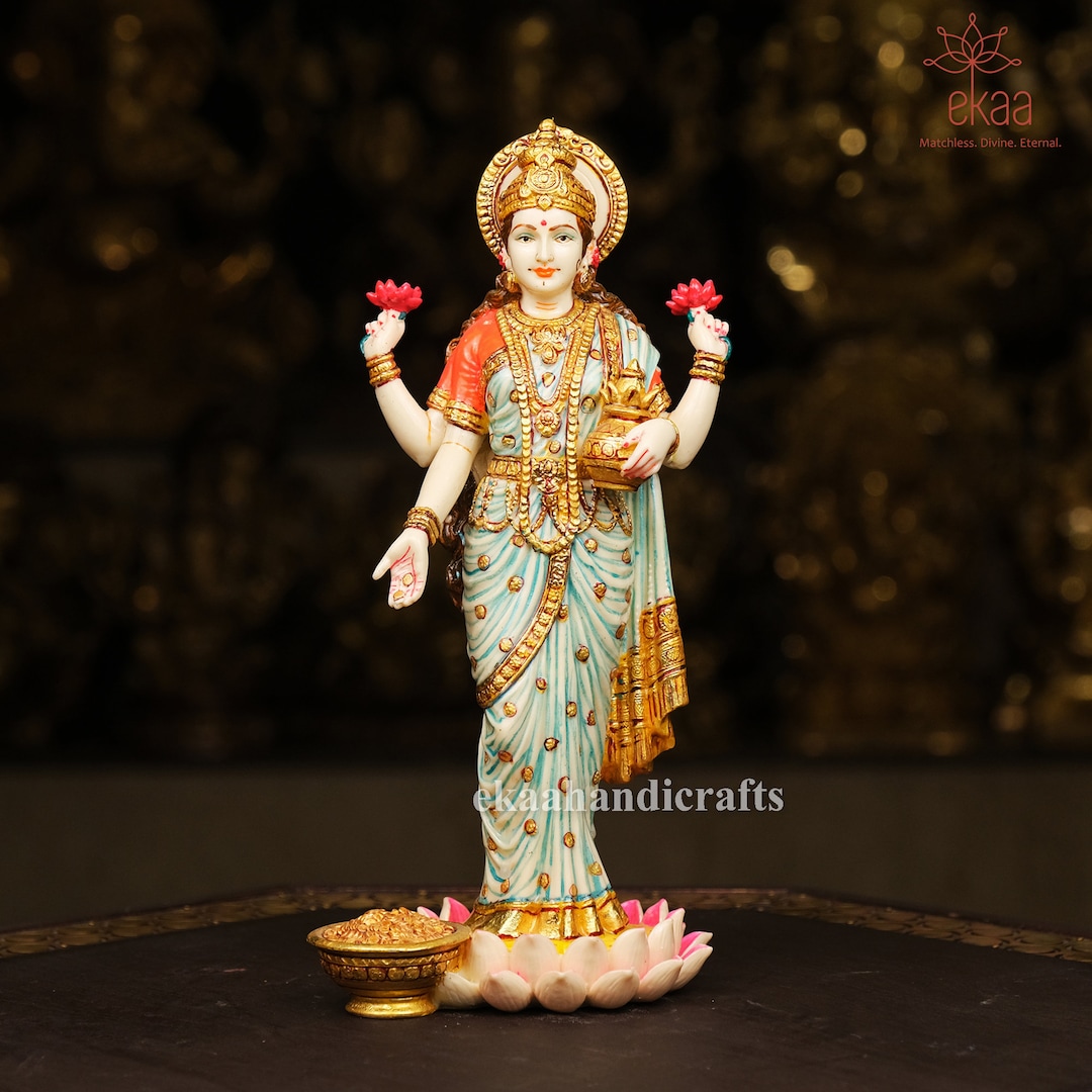 Goddess Lakshmi Statue, 26 Cm Big Hand Painted Dust Marble Lakshmi ...