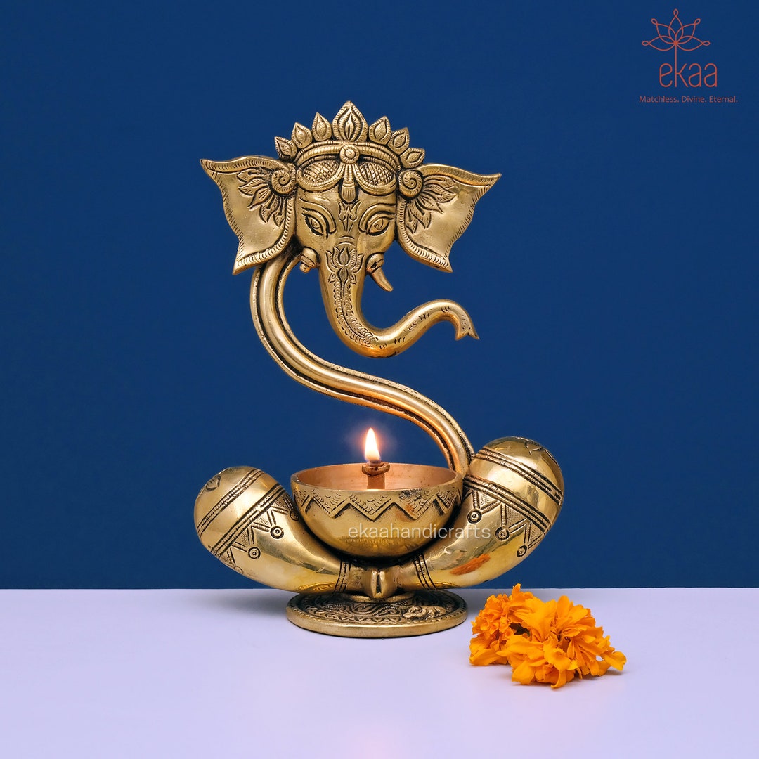 Brass Ganesha Diya Oil Lamp, Handmade Indian Deepak for Home Temple ...