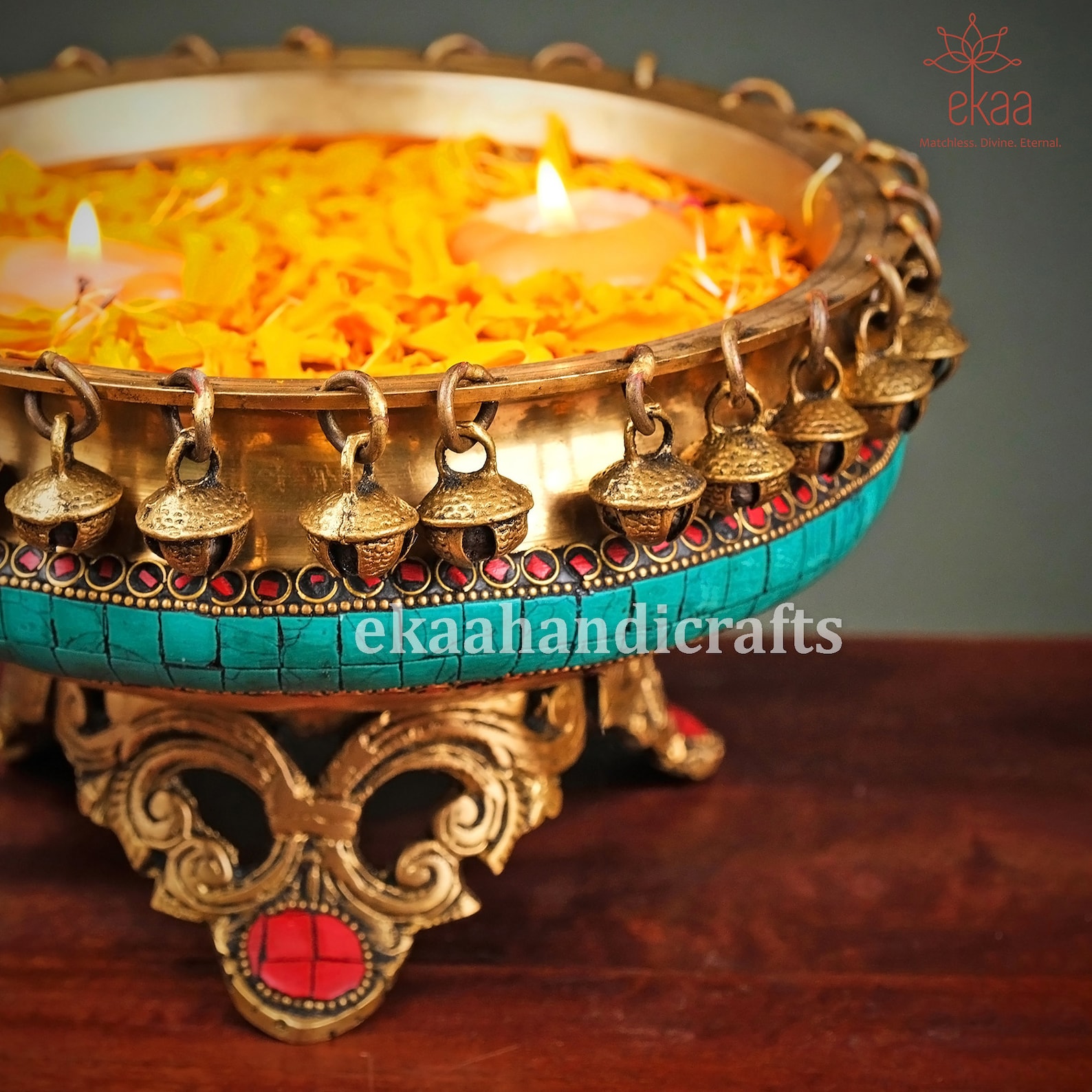 Urli Bowl With Stand in Brass, Traditional Bowl With Ghungroo Bells ...