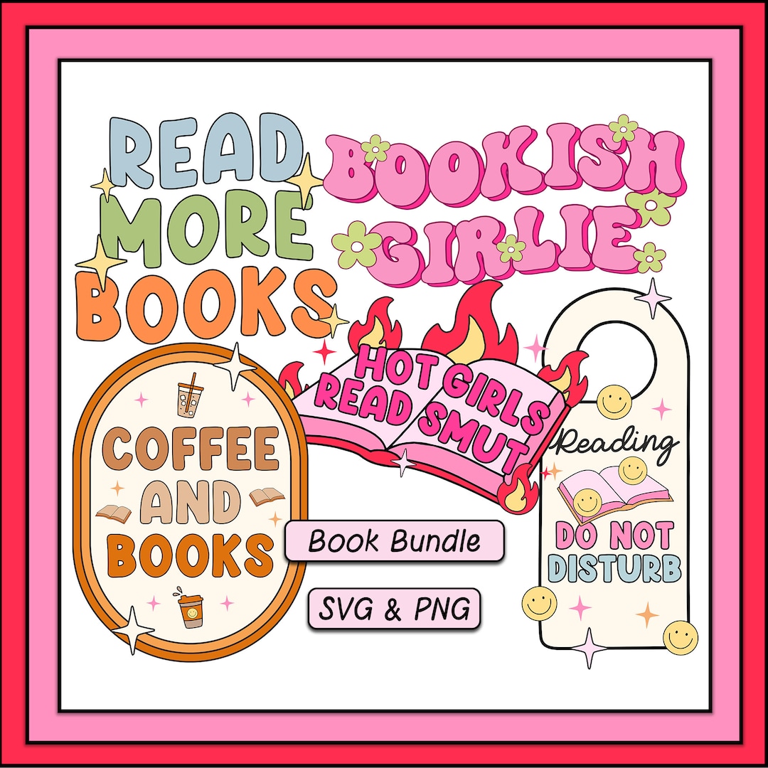 Book Bundle SVG PNG Designs, 5 Trendy Digital Downloads, Cute Bookish ...