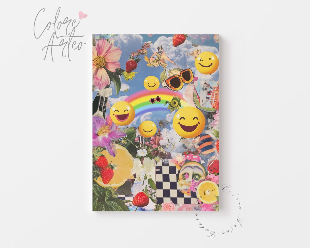 Retro Smiley Face Collage Art Printable - Vibrant Vintage Pop Art, Fun ...