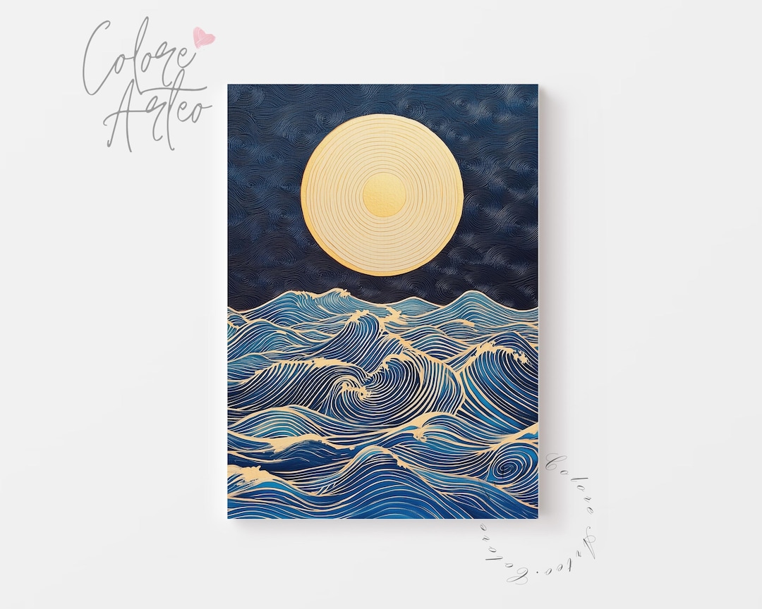Golden Sun Over Navy Waves Printable - Boho Coastal Abstract Painting ...