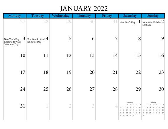 2022 January Calendar Printable With Holidays