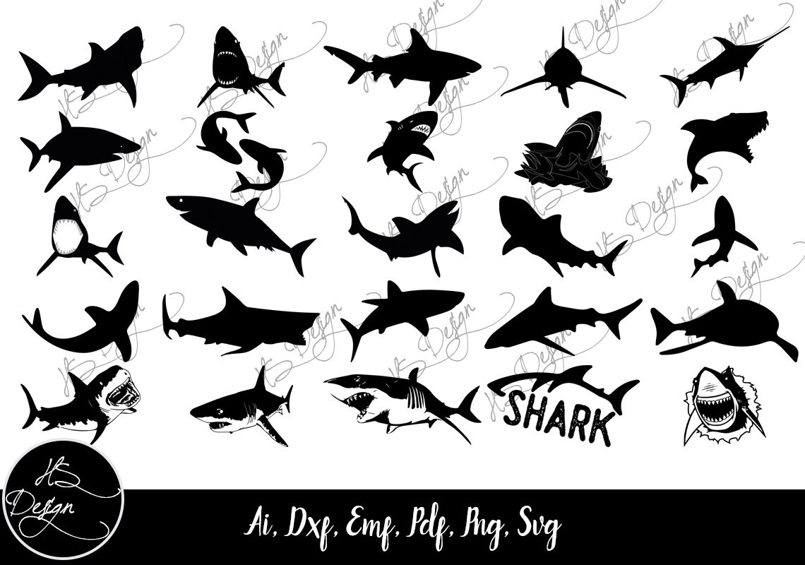 25 Shark Silhouettes Svg,shark Svg Clip Art Bundle, Shark DXF Cut Files ...