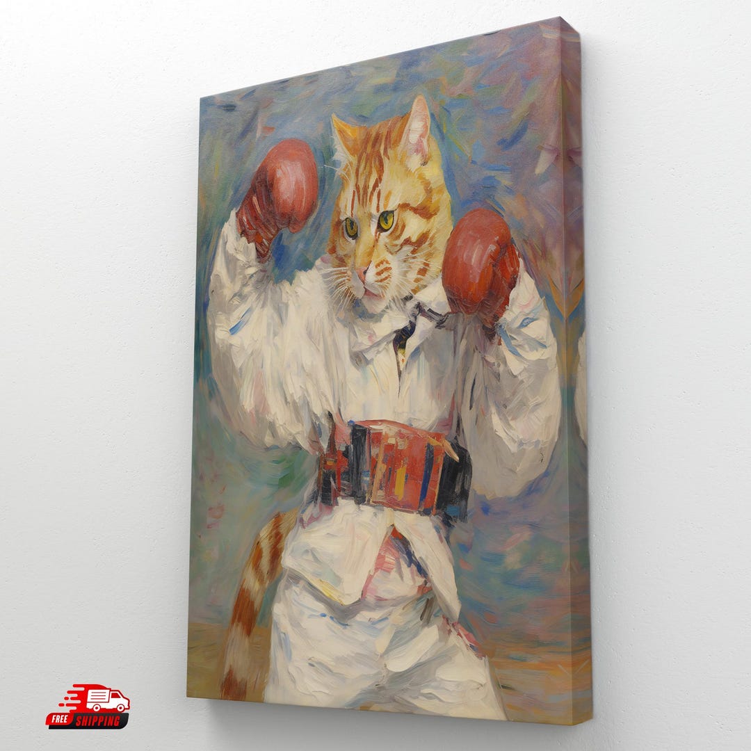 Cute Cat With Boxing Gloves Painting, Canvas Wall Art, Canvas Room ...