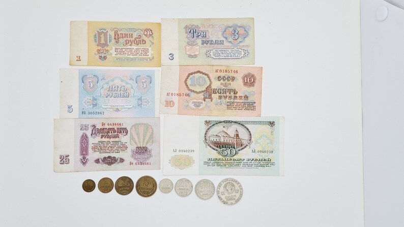 Soviet Rubles - Set of 6 Soviet Vintage Rubles Banknotes and 8 Kopecks ...