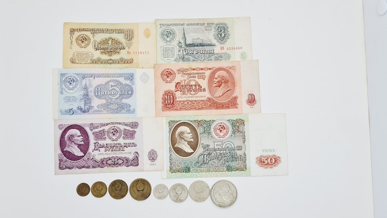 Soviet Rubles - Set of 6 Soviet Vintage Rubles Banknotes and 8 Kopecks ...