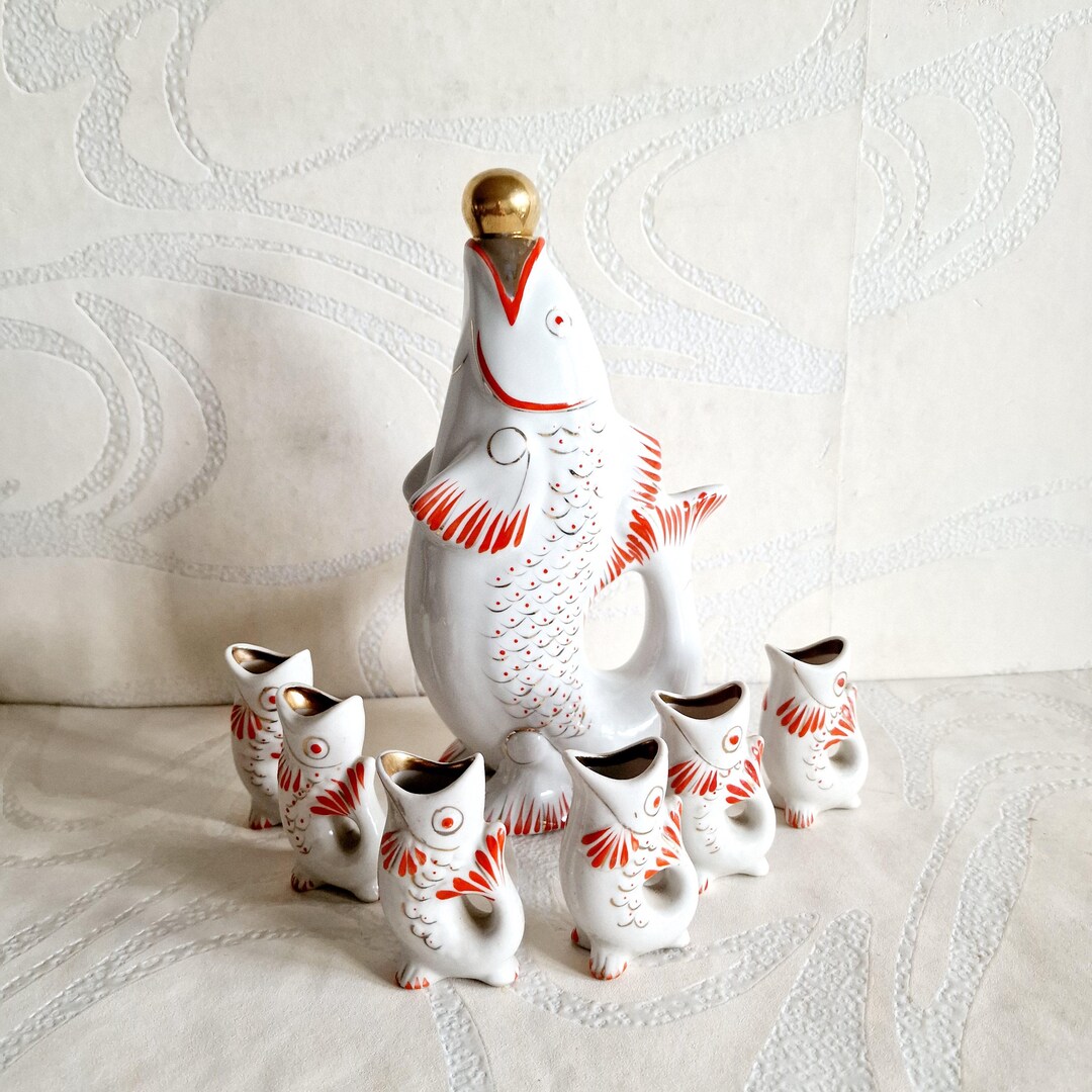 Vintage Soviet Porcelain Fish Carafe and 6 Shots Made in USSR in 1980s ...
