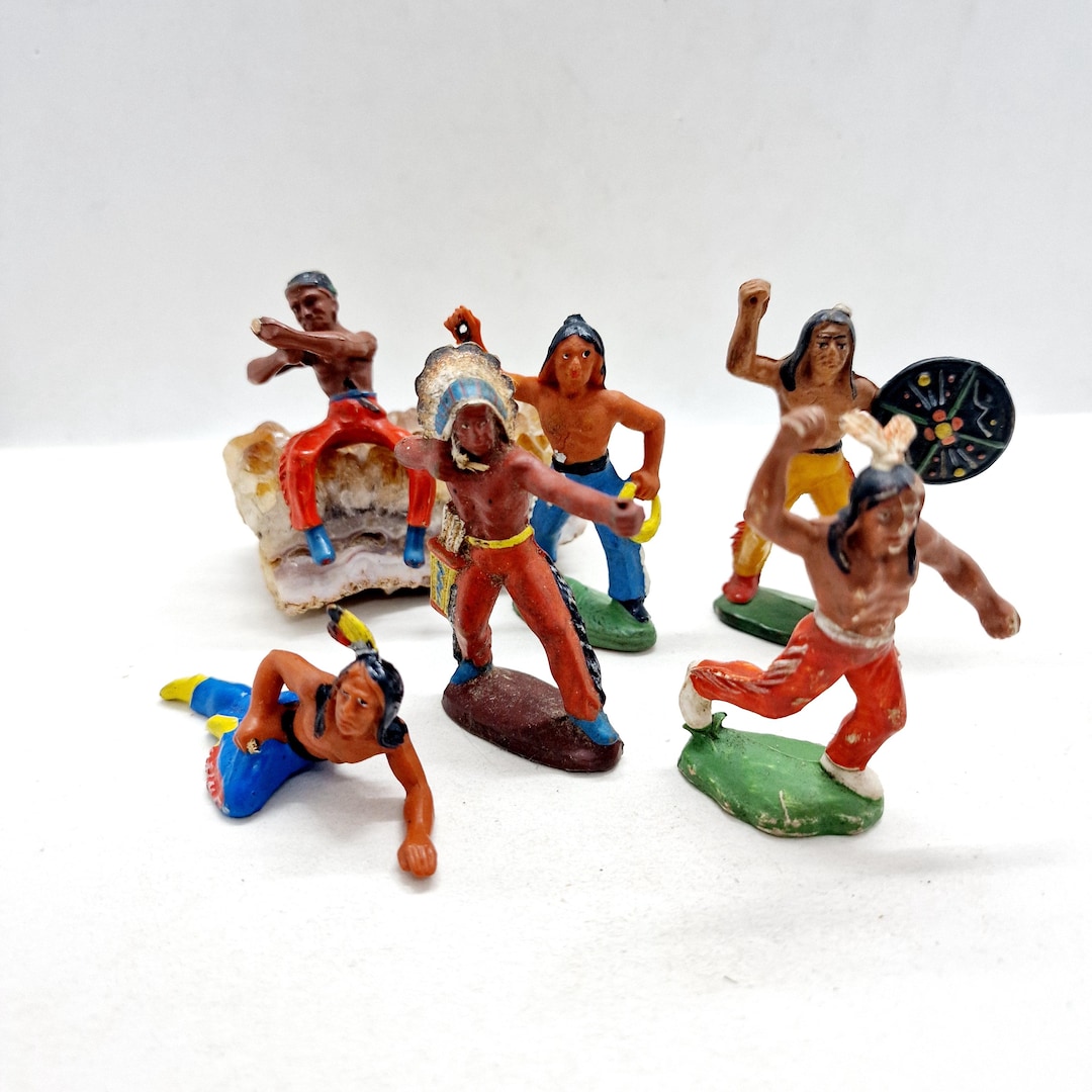 Vintage Elastolin Indian Warrior Figurines - 1970s German Toys - Set of ...