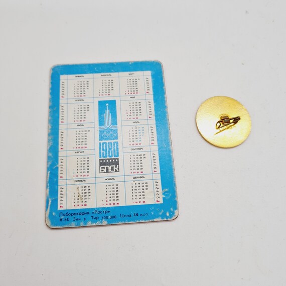 Vintage Soviet Olympic Bear pocket calendar and pin m… - Gem